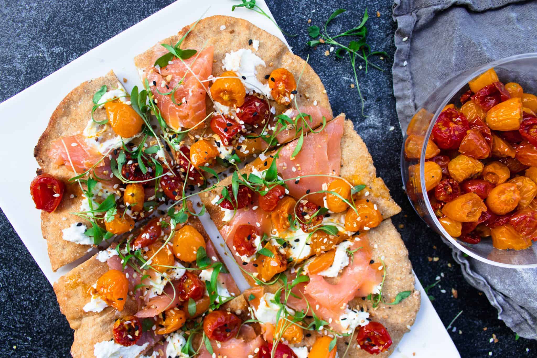 Rye Flatbread with Slow Roasted Tomatoes, Creamcheese, Salmon ...