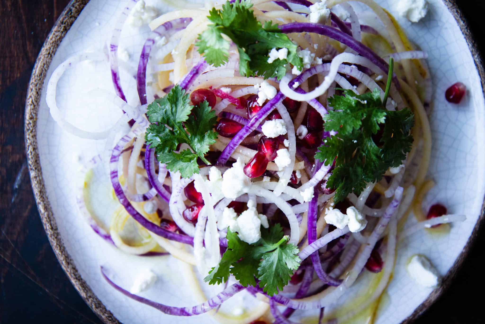 Spiralized Radish & Apple Salad with Pomegranates - Kate-Cooks