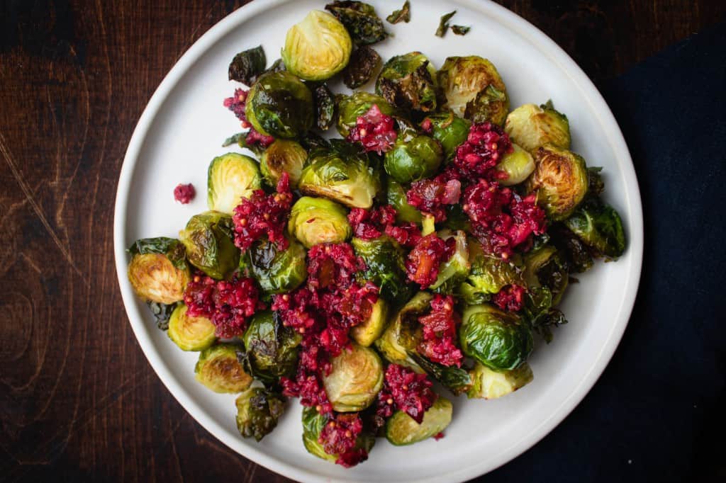 Roasted Brussels Sprouts with Lemon Cranberry Mostarda - Kate-Cooks