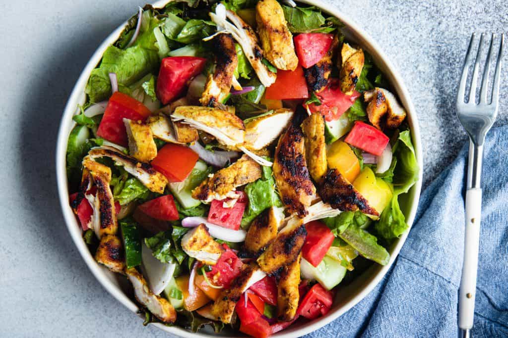 Tomato & Watermelon Chicken Shawarma Monster Salad - Kate-Cooks
