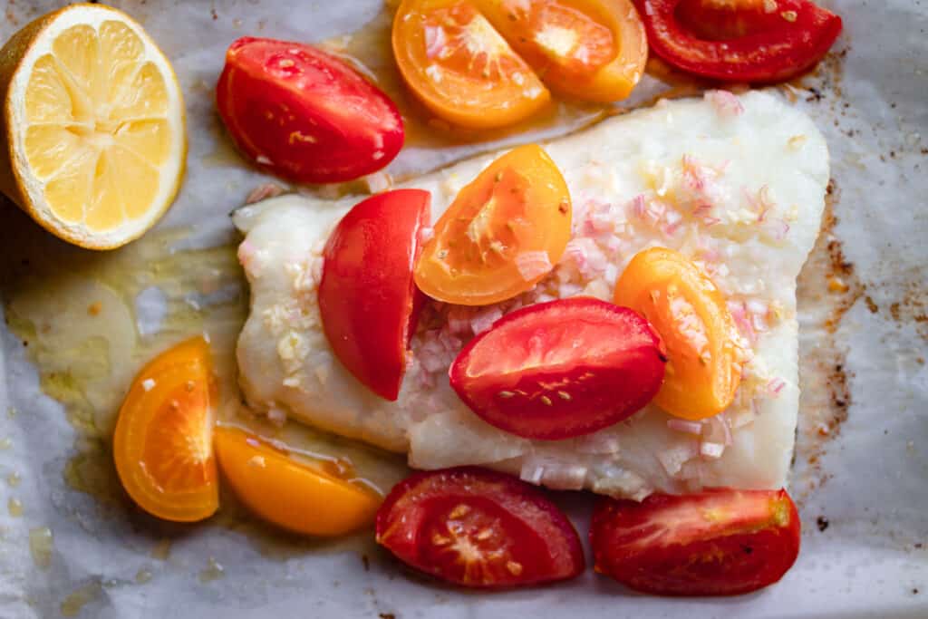 Simplest Roasted White Fish & Heirloom Tomatoes - Kate-Cooks