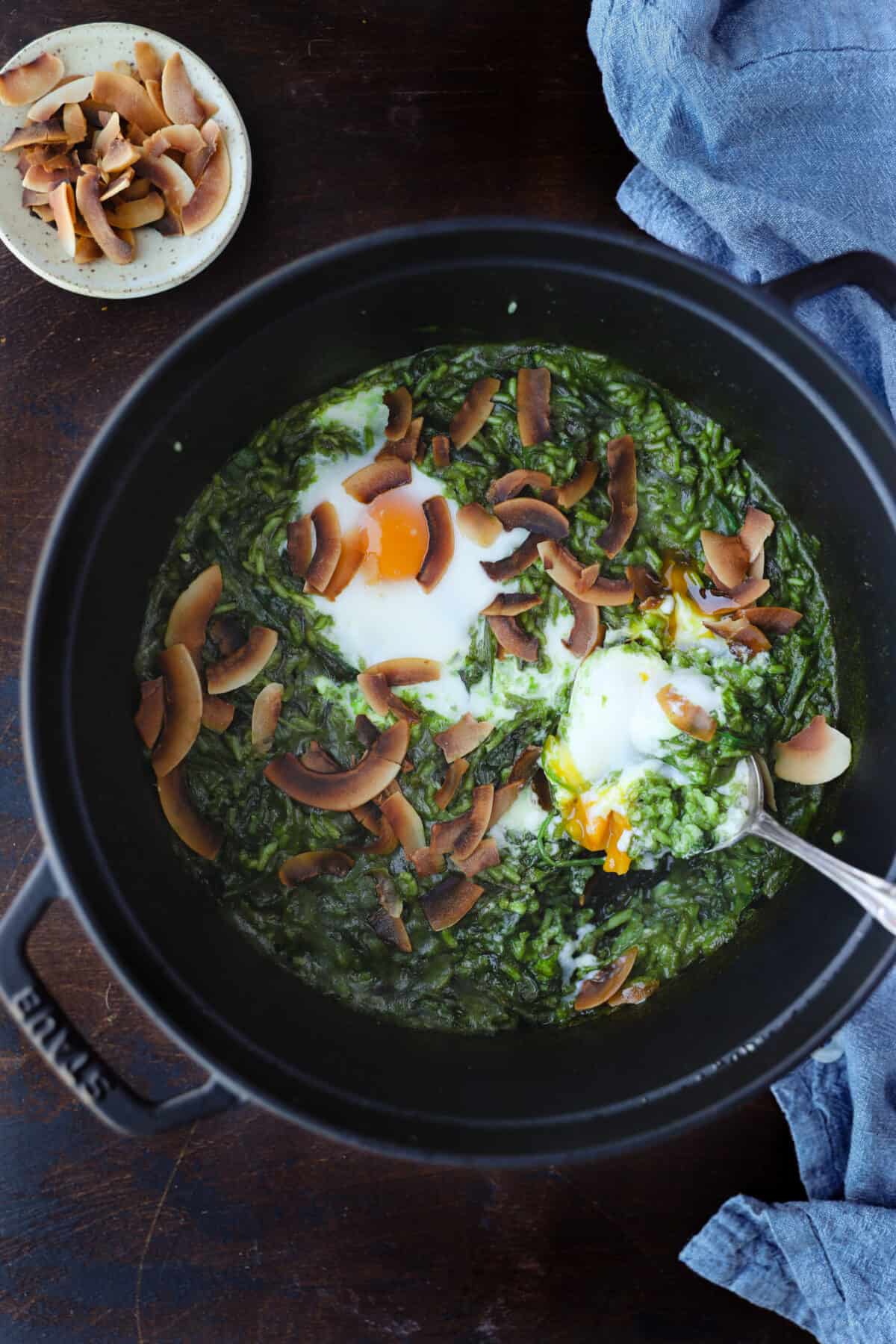 One Pot Green Rice with Poached Eggs & Coconut - Kate-Cooks